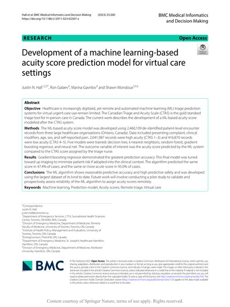 Pdf Development Of A Machine Learning Based Acuity Score Prediction Model For Virtual Care