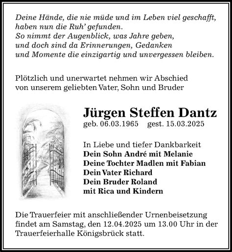 Traueranzeigen Von Jürgen Steffen Dantz Trauer Anzeigen De