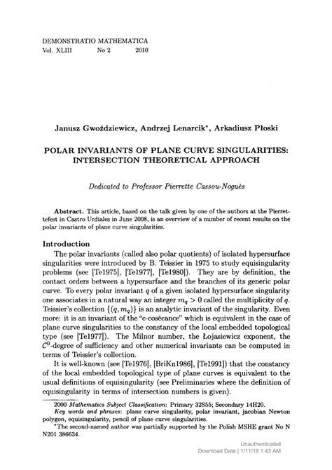 Pdf Polar Invariants Of Plane Curve Singularities Intersection