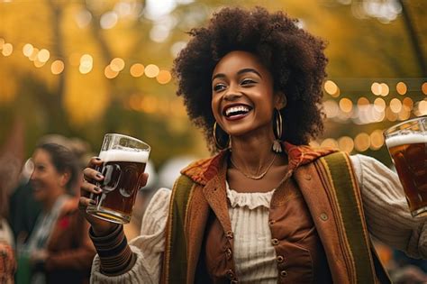 Premium Ai Image A Woman Holding A Beer Mug In Front Of A Crowd