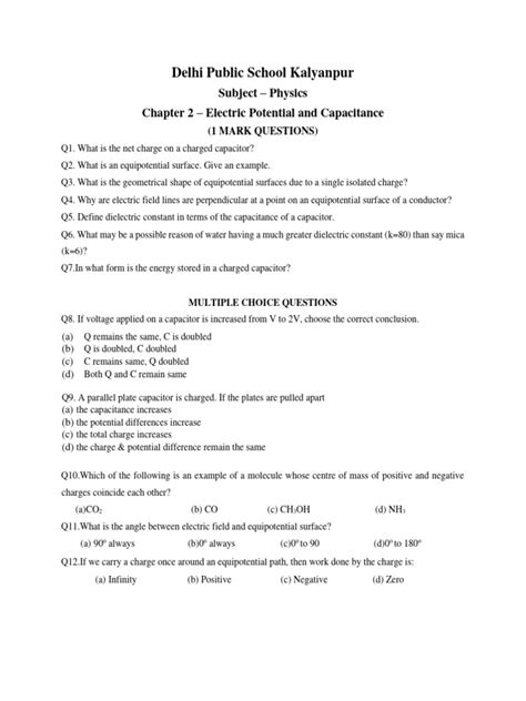 Class 12 Electric Potential And Capacitance Worksheet Download Free