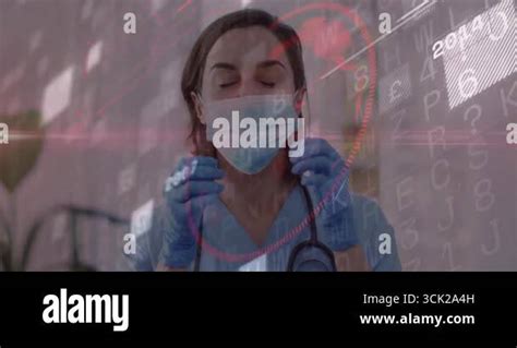 Upon Checking Mask Fit Medic Removing Mask Fitting Stethoscope Preparing Exam Amid Data Graphics