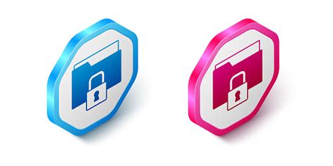 아이소메트릭 폴더와 잠금 아이콘은 흰색 배경에 분리되어 있습니다 닫힌 폴더와 자물쇠 보안 안전 보호 개념 육각형 버튼 벡터 3차원 형태에 대한 스톡 벡터 아트 및 기타