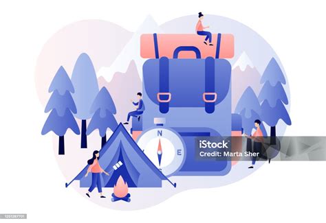 캠핑 컨셉 자연 관광 큰 여행 배낭 텐트 캠프 파이어 산과 숲여름 캠프에서 작은 사람들 현대 플랫 만화 스타일 흰색 배경의 벡터 그림 스포츠에 대한 스톡 벡터 아트 및 기타