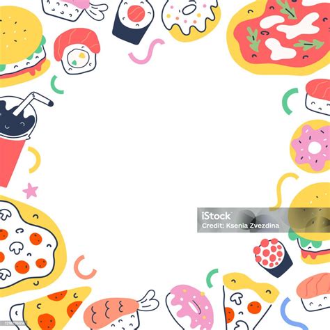 피자 스시 롤과 소다 음료 맛있는 배달 카페 메뉴 커버 복사 공간이있는 벡터 프레임 귀여운 손으로 그린 만화의 트렌디 한 낙서