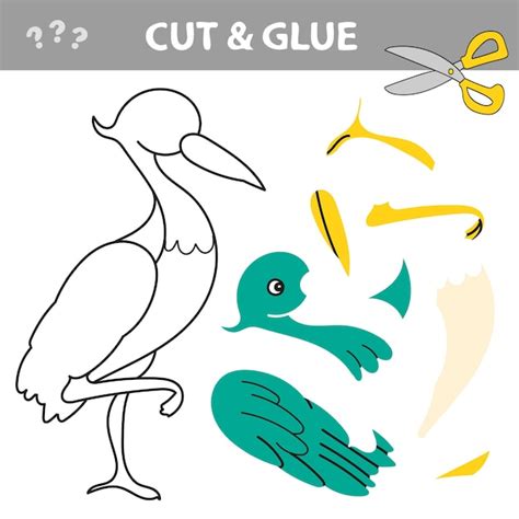 자르고 붙이기 아이들을 위한 간단한 게임입니다 가위와 풀을 사용하여 그림을 복원하십시오 왜가리 백로와 함께하는 아이들을 위한 쉬운 교육용 종이 게임 프리미엄 벡터