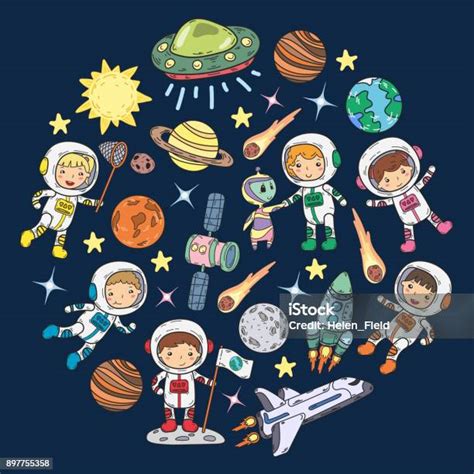 유치원 공간 천문학 수업 어린이 학교 아이 들 그림 Ufo 외계인 달 표면 지구 목성 토성 화성 벡터 낙서 아이콘 우주에 대한 스톡 벡터 아트 및 기타 이미지 Istock