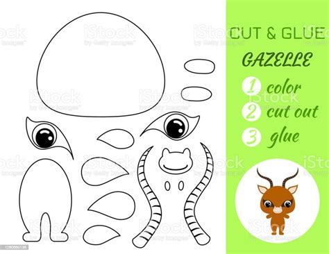 색칠 공부 는 아기 가젤을 잘라 접착제 유치원 어린이를위한 교육 종이 게임 워크시트를 잘라내고 붙여넣습니다 종이에 색상 절단 부품 및 접착제 만화 캐릭터 벡터 스톡