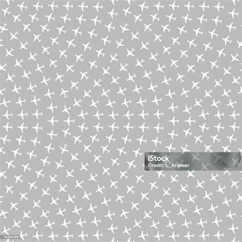 회색 배경에 작은 흰색 비행기 실루엣에서 벡터 유머 원활한 팬 모양의 패턴입니다 항공 벽지 여행 포장지 바틱 유치한 항공기 섬유 인쇄 갈란드 장식품에 대한 스톡 벡터 아트