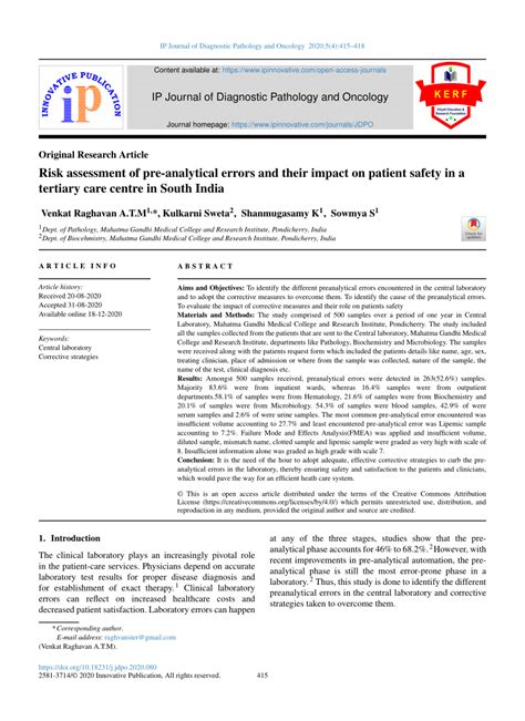 Pdf Risk Assessment Of Pre Analytical Errors And Their Impact On Patient Safety In A Tertiary