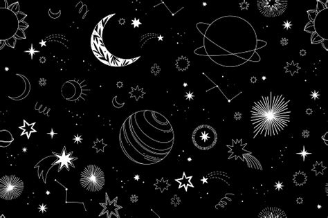 현대 손으로 그린 벡터 원활한 패턴 우주와 행성 별 태양 혜성 우주 선 그리기 태양계 배경 마법의 모티프 별자리 달의 위상을 모티브로 한 트렌디 한 우주 표지판 보름달에