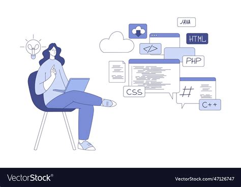 Woman Sitting With Laptop Computer Programming Vector Image