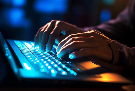 Premium Ai Image A Person Typing On A Laptop With A Blue Light On The Keyboard