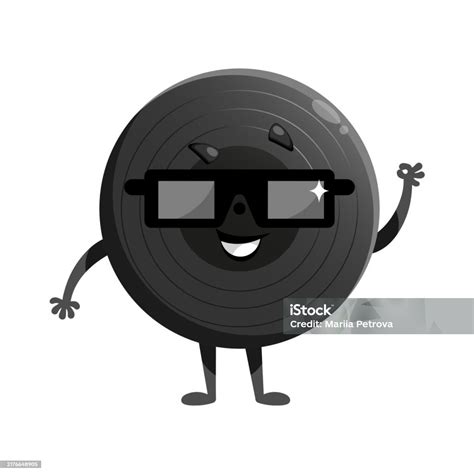 귀여운 만화 비닐 레코드 캐릭터가 선글라스를 입고 있습니다 비닐 디스크 축음기 레코드 마스코트 캐릭터 아이 같은 스타일 벡터 일러스트 레이 션 가공의 인물에 대한 스톡 벡터