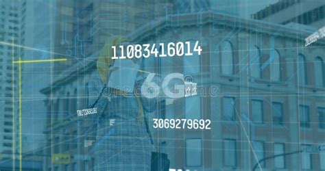 Image Of Data Processing And 6g Text Over Biracial Woman Eating Stock