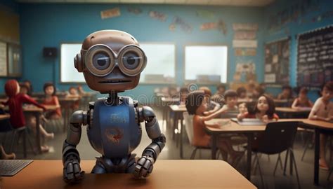 A Cartoon Robot Standing In Front Of A Classroom Generative Ai Stock