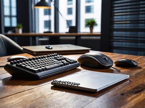 Workplace With Computer Mouse And Keyboard On Wooden Table In Modern Office Premium AI