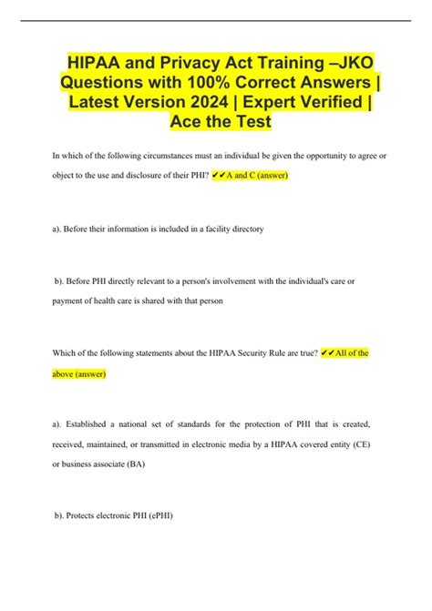 Hipaa And Privacy Act Training Jko Questions With 100 Correct Answers