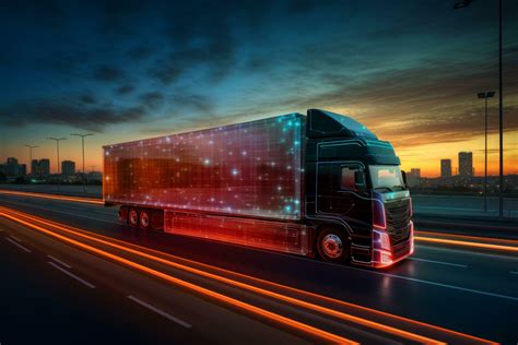 Ai Generated Semi Truck Driving On Highway With Digital Connectivity And Data Streams Concept