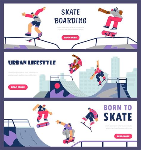 점프 스케이팅 플랫 스타일이 있는 웹사이트 배너 세트 프리미엄 벡터