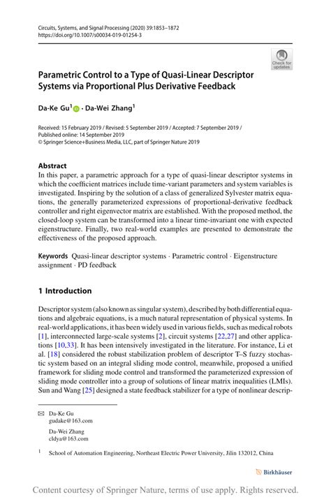 Parametric Control To A Type Of Quasi Linear Descriptor Systems Via
