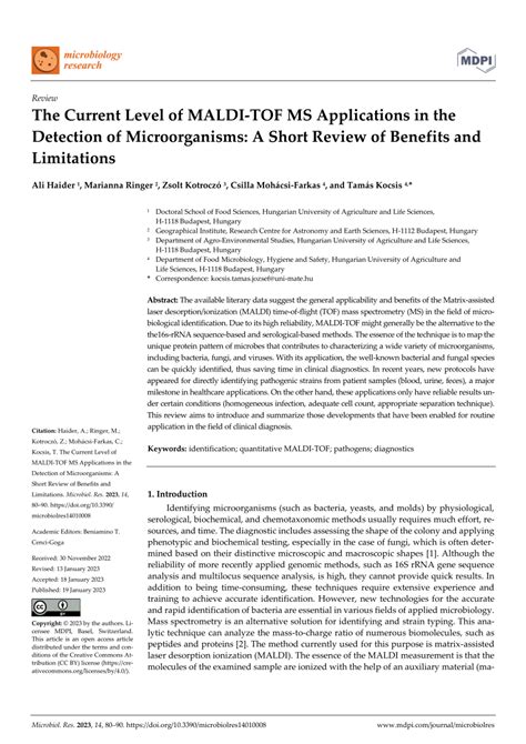 Pdf The Current Level Of Maldi Tof Ms Applications In The Detection Of Microorganisms A Short