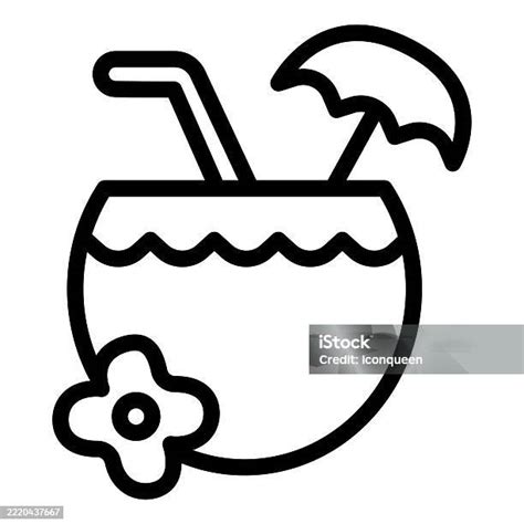 우산과 꽃 라인 아이콘 열대 항해 개념과 함께 코코넛 컵 벡터 그래픽입니다 열대 음료 흰색 배경에 음료 기호 스타일 모바일 또는