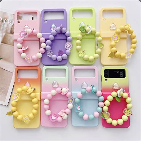 비즈 구슬 스트랩 팔찌 키링 슬림 하드 삼성 갤럭시 Z플립4 Z플립3 제트플립4 제트플립3 지플립4 지플립3 Zflip4 Zflip3 입체 하트 장식 그라데이션 힌지 보호