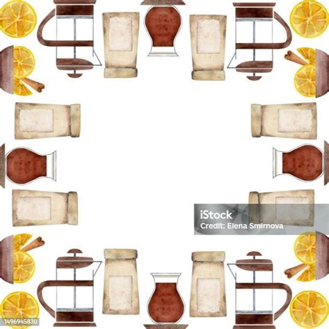 수채화 손으로 그린 그림입니다 찻주전자 터키 유리 컵 종이 봉지 레몬 계피 정사각형 프레임입니다 흰색 배경에 격리되어 있습니다 초대장 카페 레스토랑 음식 메뉴 인쇄 웹