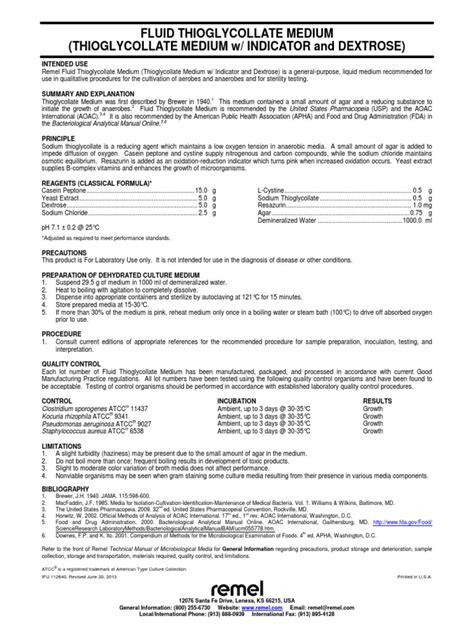 Fluid Thioglycollate Medium Thioglycollate Medium W Indicator And Dextrose Pdf Growth