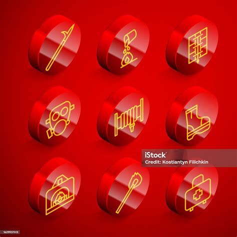 세트 라인 금속 파이크 폴 양동이 소화 화재 대피 계획 방독면 소방 호스 릴 부츠 인테리어 벽난로 및 아이콘과 불타는 성냥 벡터 3차원 형태에 대한 스톡 벡터 아트 및 기타