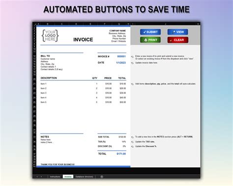 Excel Invoice Template Automated Invoice Spreadsheet Editable Invoice Instant Digital
