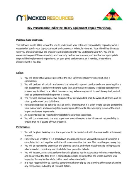 Key Performance Indicator Auto Electrician Mml Pdf Performance Indicator Business