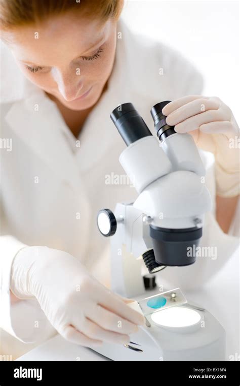 Microscope Laboratory Woman Medical Research Chemist Experiment Shallow Depth Of Field Stock