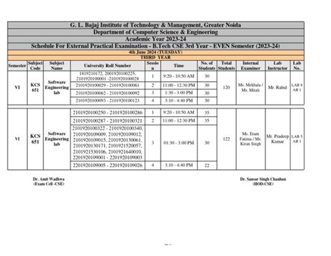 Cse 4th June External Practical Schedule B Tech Cse 3rd Year Even