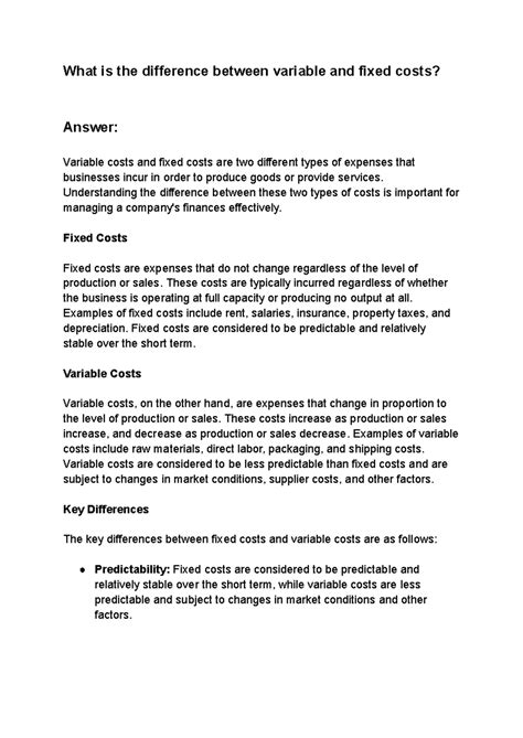 What Is The Difference Between Variable And Fixed Costs What Is The Difference Between