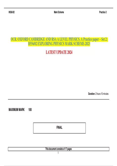 OCR OXFORD CAMBRIDGE AND RSA A LEVEL PHYSICS A Practice Paper Set H EXPLORING