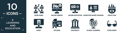 채워진 전자 학습 및 교육 아이콘 세트 플랫 레이즈 핸드 온라인 도서관 온라인 교육 컴퓨터 기반 교육 연필 상자 시트 디플로마 대학 글로벌 학습 안경을 포함합니다 0명에