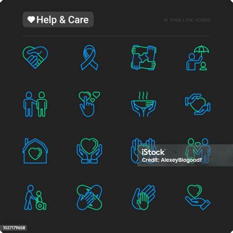 도움말 및 얇은 선 아이콘 세트 어린이 장애인 공생 자선 및 기부에 대 한 도움말 지원의 상징 벡터 일러스트입니다 가족에 대한 스톡 벡터 아트 및 기타 이미지 Istock