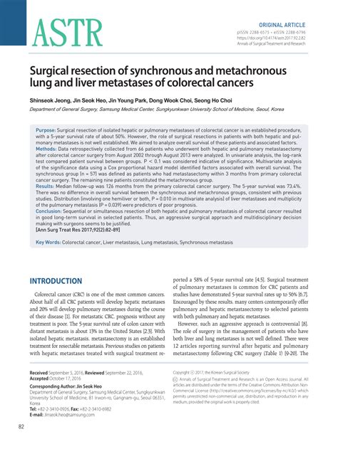 Pdf Surgical Resection Of Synchronous And Metachronous Lung And Liver Metastases Of Colorectal