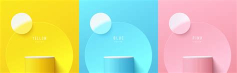 노란색 파란색 분홍색 흰색 사실적인 3d 실린더 스탠드 연단의 세트와 원이 배경과 겹칩니다 추상 벡터 렌더링 기하학적 형태 최소한의 장면 무대 쇼케이스 모형 제품 디스플레이