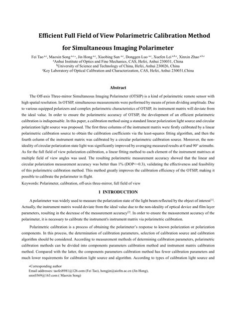 Pdf Polarization Calibration Method For Simultaneous Imaging Polarimeter Based On Off Axis