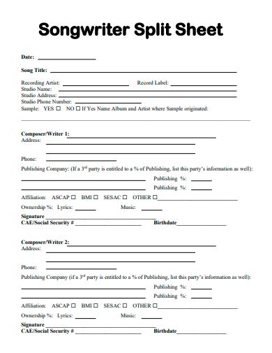 Free 10 Split Sheet Samples In Pdf