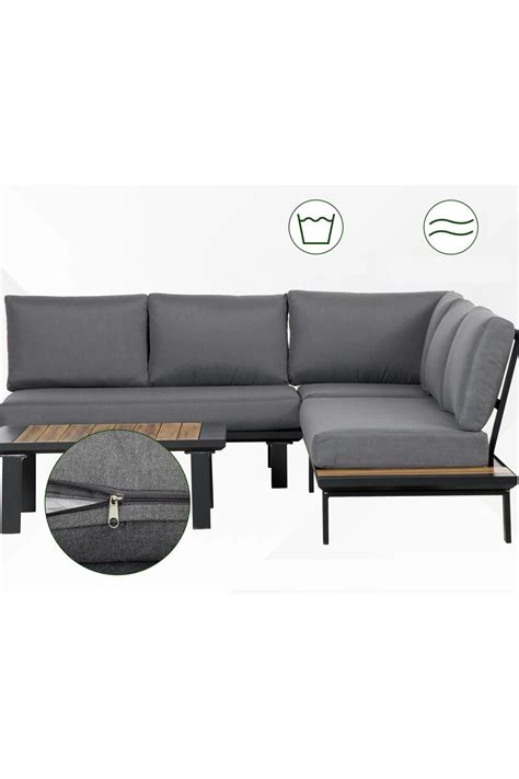 Passion Mogano Metal Ayak Modern Bahçe L Köşe Koltuk Takım Ahşap Detay Bahçe Mobilya Dış Mekan