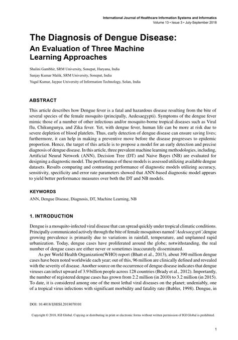 Pdf The Diagnosis Of Dengue Disease An Evaluation Of Three Machine Learning Approaches