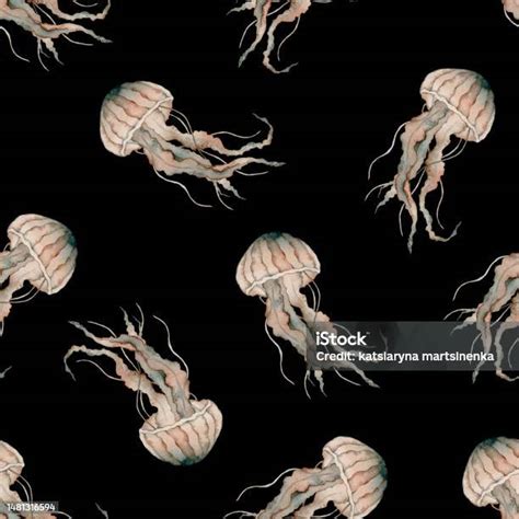 수채화 메두사와 매끄러운 패턴 손으로 그린 조개 패턴입니다 수채화 빈티지 바다 배경 원래 손으로 그린 그림입니다 해양 디자인 갈색에 대한 스톡 벡터 아트 및 기타 이미지