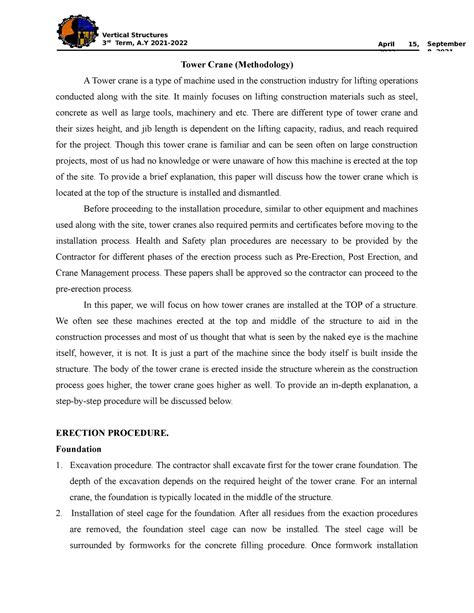 Tower Crane Methodology It Mainly Focuses On Lifting Construction