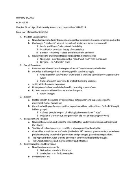 Lecture Notes Class February HUM Chapter An Age Of Modernity Anxiety And