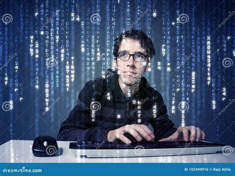 Hacker Decoding Information From Futuristic Network Technology Stock Photo Image Of Office