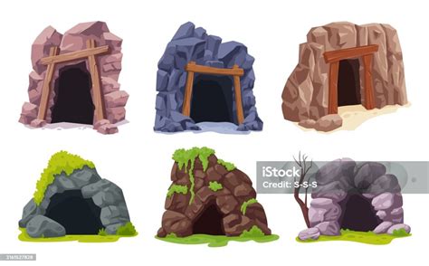 만화 동굴 입구 돌 산 구멍 산 오래된 선사 시대 바위 동굴 광석 광산 터널 만화 게임 원시인 굴 독창적 인 그림에 동굴 또는 금광 동굴에 대한 스톡 벡터 아트 및 기타